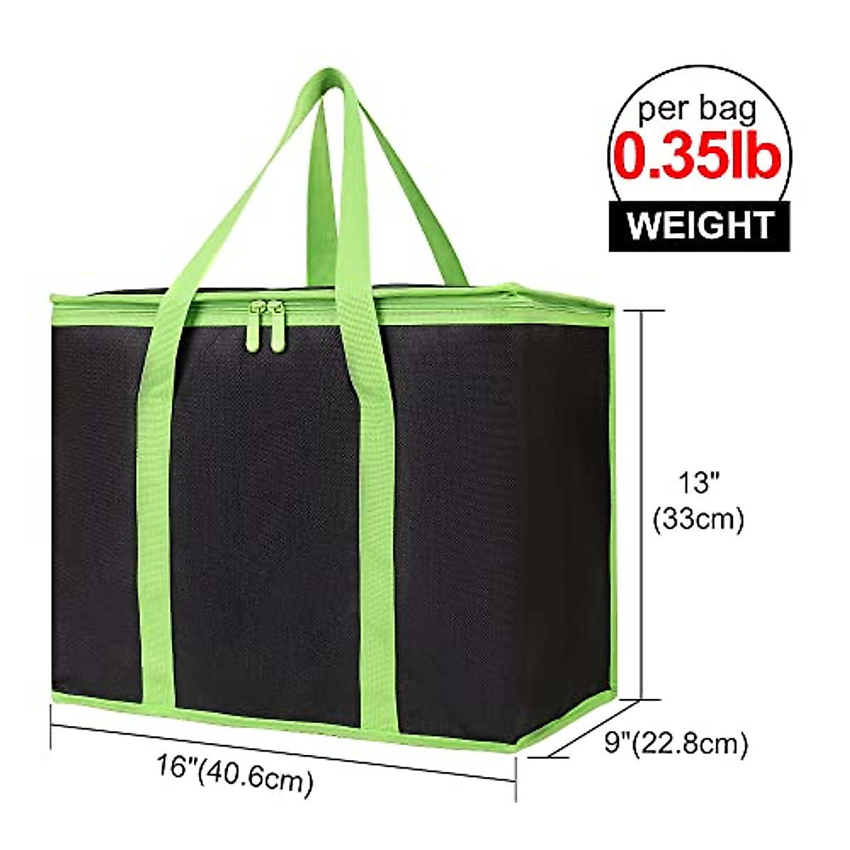 Bodaon 4-Pack Insulated Pizza Delivery Bags, X-Large Reusable Grocery Shopping Bags, Black with Green Edge