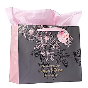 Christian Art Gifts Landscape Gift Bag and Tissue Paper Set - Strength and Dignity - Proverbs 31:25 Inspirational Bible Verse, Pink/Grey Floral, Large
