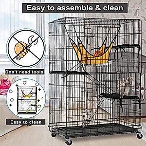 48'' Large Cat Cage with Wheels, Collapsible Large 3-Tier Metal Cat Enclosure Perching Shelves Cat Crate Cat Kennel Ferret Chinchilla Cage with Cat Hammock/3 Cat Bed/3 Ramp Ladder/Cat Litter Pan
