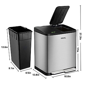 DBAL Trash Can Kitchen, 18 Liter Stainless Steel Trash Can 2 x 2.4 Gallon Soft Close Lid and Airtight Suit for Kitchen Office Home Use