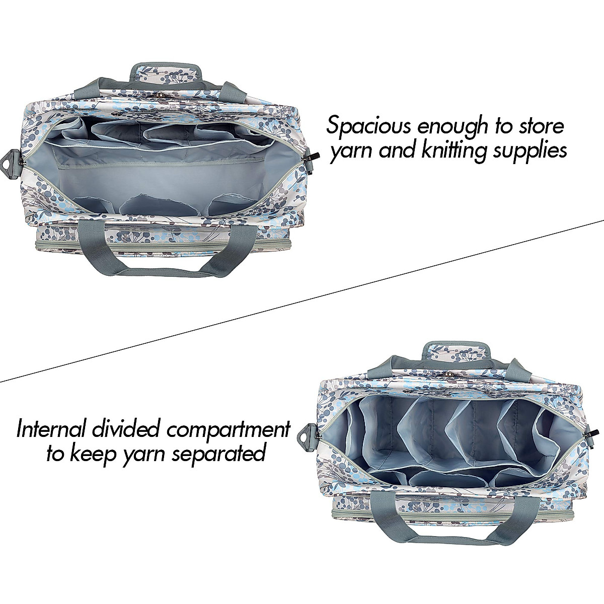 Teamoy Knitting Tote with Inner Dividers for WIP, Yarn Skeins and Knitting Accessories, Yarn Storage Bag with Front Clear Window, Dandelion(Patent Design)