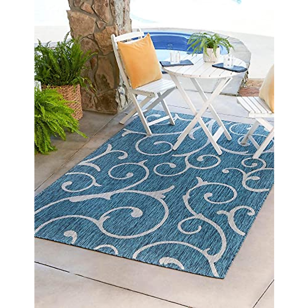 Unique Loom Outdoor Botanical Collection Area Rug - Curl (9' x 12' Rectangle, Teal/ Ivory)