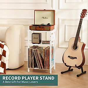 Yoobure Record Player Stand, 3-Tier White Side Table with Charging Station, Small End Table Nightstand with Vinyl Storage, Tall Beside Tables Turntable Stand for Album CD, Night Stand for Living Room