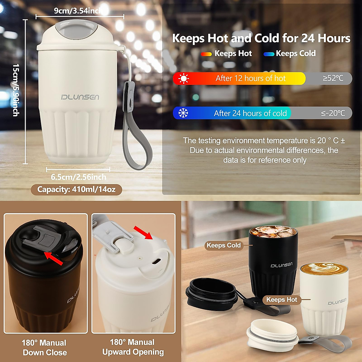 Dlunsen Travel Cup Insulated Coffee Thermal Cup, 14oz Upgraded Double Walled Water Glasses, Vacuum Insulation Stainless Steel with Leak-Proof Lid Tumbler Mug, Reusable Cup for Coffee, White