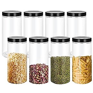 Lawei 8 Pack 34 oz Clear Plastic Jars with Black Lids - Plastic Food Storage Jars for Kitchen & Household Storage of Dry Goods, Nuts, Cookie and more