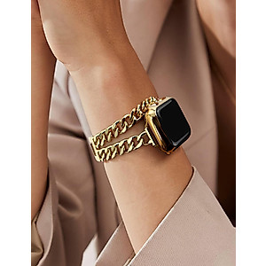 JR.DM Gold Watch Bands for Women Compatible with Apple Watch Band 42mm 44mm 45mm Adjustment Metal Band Cowboy Steel Chain Bracelet for iWatch Series 9/8/7/6/5/4/3/2/1/SE/Ultra (No Case)