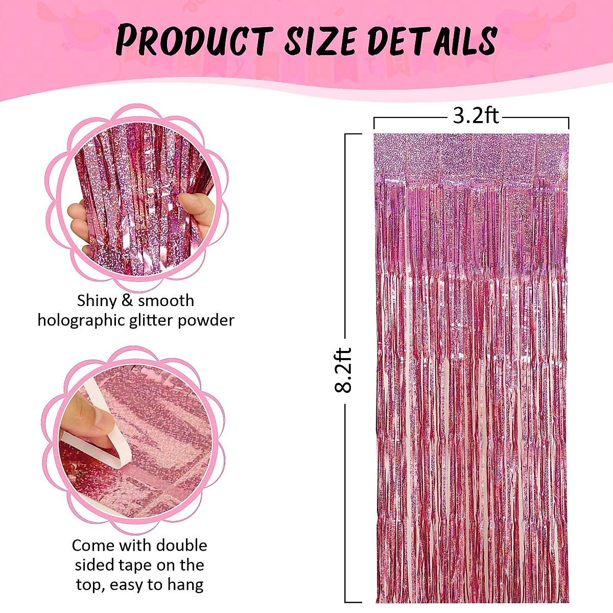 Accevo Pink Party Streamers 3Pack Glitter Foil Fringe Curtain 3.2ft x 8.2ft Pink Party Decor Photo Booth Streamers Metallic Tinsel Door Streamer for Valentines Day Decorations Christening Party Decor