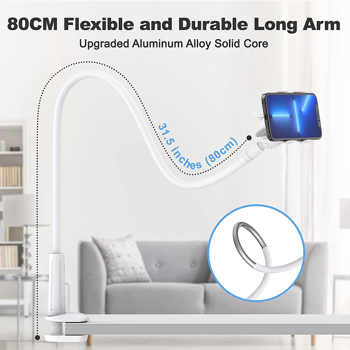 VIVI MAO Gooseneck Cell Phone Holder, Universal 360 Flexible Phone Stand Lazy Bracket Mount Long Arms Clamp for Phone 13 Pro Xs Max XR X 8 7 6 6s Plus and Other 3.5~6.7'' Device (White)…