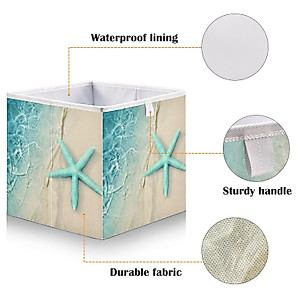 QUGRL Ocean Beach Starfish Cube Storage Bins Organizer Sea Water Wave Clothes Toy Storage Basket Box for Shelves Closet Cabinet Office Dorm Bedroom 11x11 in