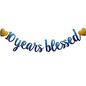 10 Years Blessed Banner, Pre-Strung, Blue Glitter Paper Garlands for 10th Birthday / Wedding Anniversary Party Decorations Supplies, No Amssembly Required,(Blue)SUNbetterland