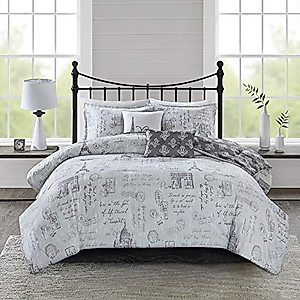510 DESIGN 5DS10-0174 Marseille 5-Piece Reversible Paris Printed Comforter Set Gray/Charcoal Full/Queen