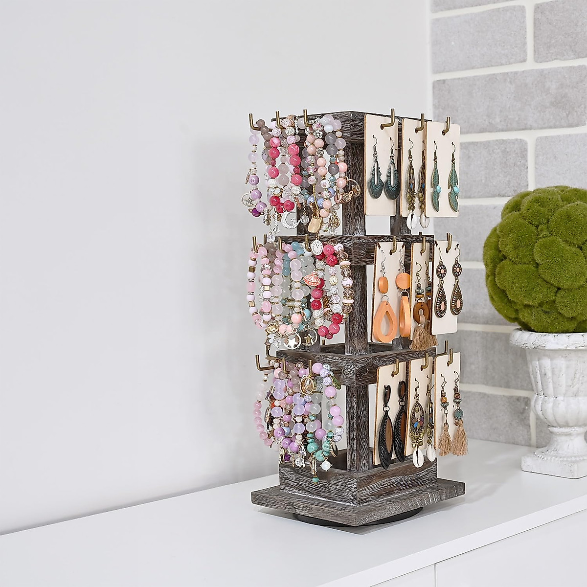 Ikee Design Wood Rotating Jewelry Display Stand Tower,Spinning Keychain Display Stand,36 Hooks Spinning Necklace, Bracelet, Earring Rack for Vendor, Coffee Color