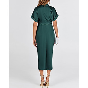 BTFBM 2024 Women Button Down Ruched Shirt Dresses Short Sleeve Lapel V Neck Elegant Party Spring Summer Maxi Satin Dress(Short Sleeve Dark Green, Medium)