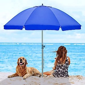wikiwiki 7FT Beach Umbrella for Sand, Portable Sunshade Umbrella with Sand Anchor, Carry Bag, Push Button Tilt, Air Vents, SPF60+ Protection Sun Shelter for Sand and Outdoor Activities (Blue)