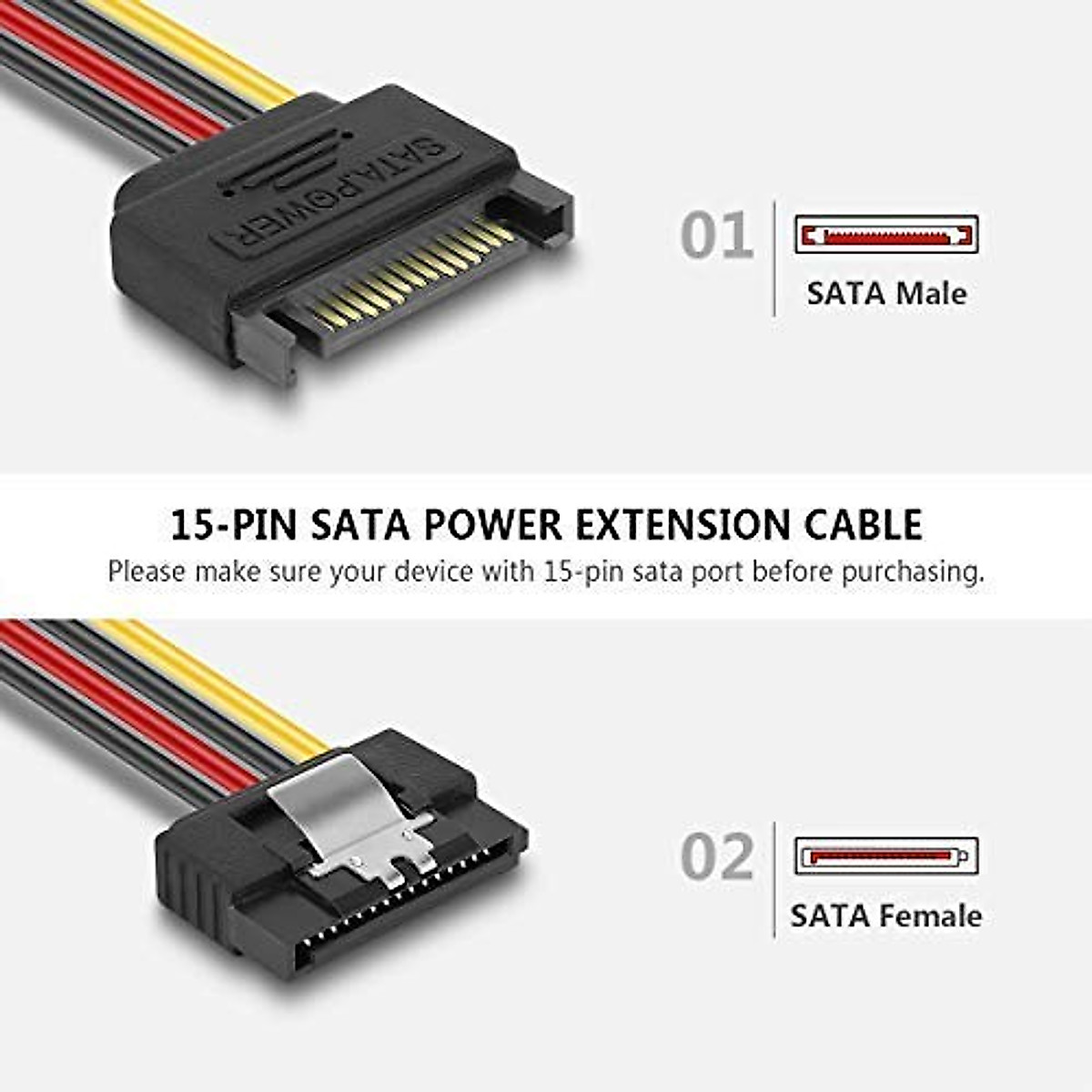 BENFEI SATA Power Extension Cable, 3 Pack 15 Pin SATA Male to Female Extender Cable Cord Adapter for Hard Drive Disk, HDD, SSD, PCIE, 8 inches
