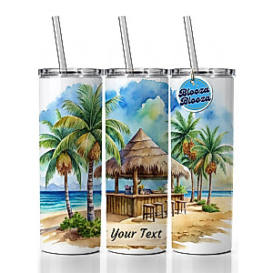 Personalized Custom Name Text Beach Resort Tropical Scene With Tiki Bar Skinny Tumbler 20oz with Straw Insulated Water Bottle Gift - 1 Line Horizontal