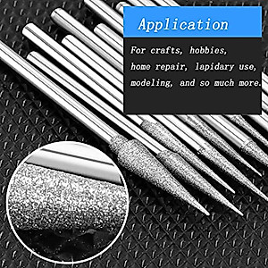 10 Pcs Various Sizes Diamond Mounted Grinding Head Burrs Stone Carving Bits for Rotary Tools with 3/32" Shank(D Type Spiked Shape)