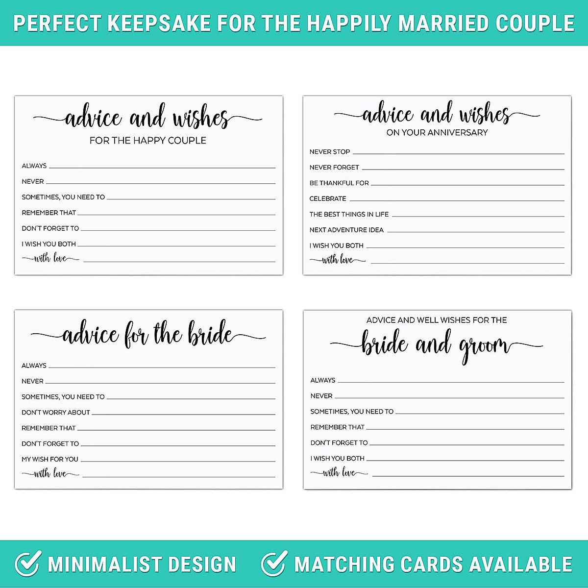 321Done Advice and Wishes for the Mr & Mrs, Made in USA - 4x6 White, Wedding Advice for Bride, Groom, Newlyweds, Bridal Shower, Thick Luxury Cardstock with Simple Script Minimalist Design - 50 Cards