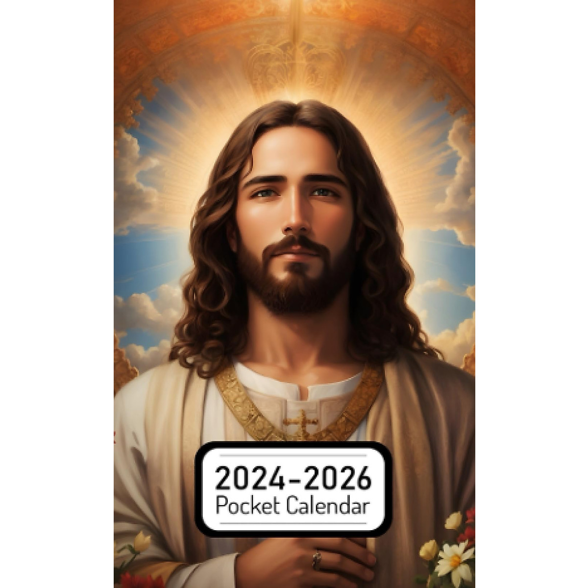 Pocket Calendar 2024-2026: Two-Year Monthly Planner for Purse , 36 Months from January 2024 to December 2026 | Jesus | Heaven background | Intricate face