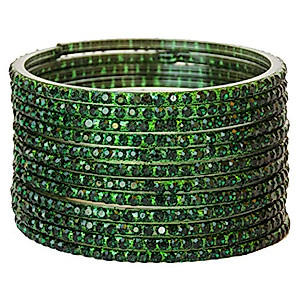 JD'Z COLLECTION Indian Bangles For Women Bollywood Glass Bangles Bridal Ethnic Jewelry Set Costume Matching Wedding Designer CZ Stone Jewellery Bangle Bracelets Set Of 12 (Dark Green, 2.4)