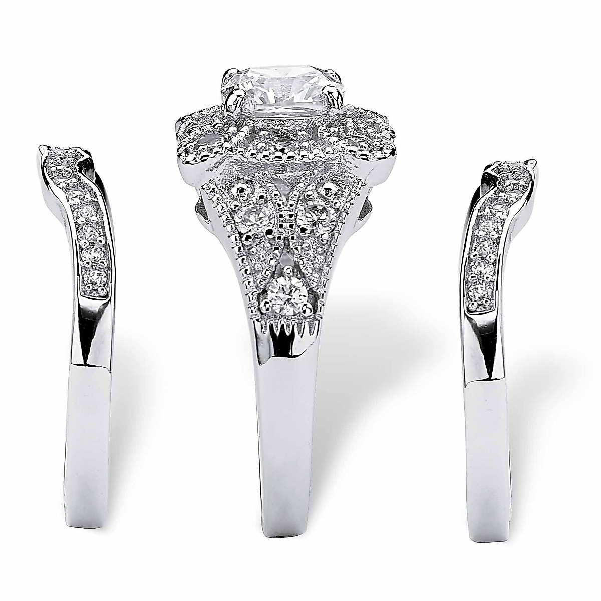 PalmBeach Platinum-plated Sterling Silver Cushion Cubic Zirconia Vintage Clover Motif Bridal Ring Set Sizes 6-10 Size 9