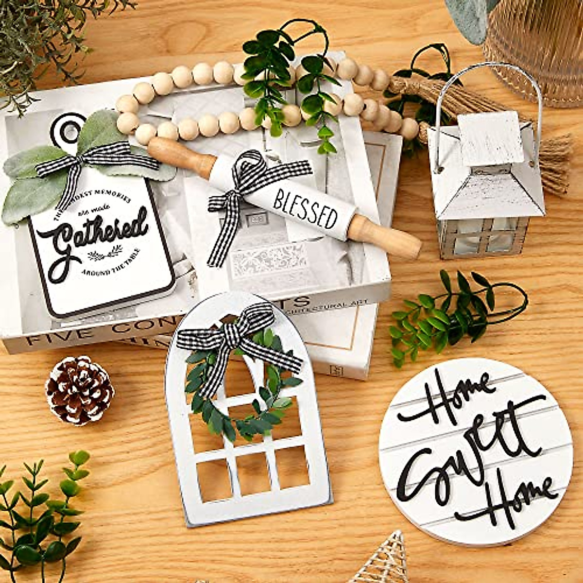 Houmury Set of 16 Farmhouse Tiered Tray Decor with 1 Lantern Artificial Plant& Cutting Board Sign for Rustic Home Sweet Home Kitchen Decor Tier Tray Decor Set