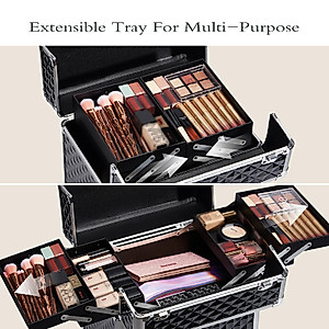 Mecucasi Rolling Makeup Train Case Large Cosmetic Trolley Organized Aluminum Barber Case for Hairstylist Makeup Nail Tech Salon with Keys Swivel Wheels Traveling Cart Trunk - Black