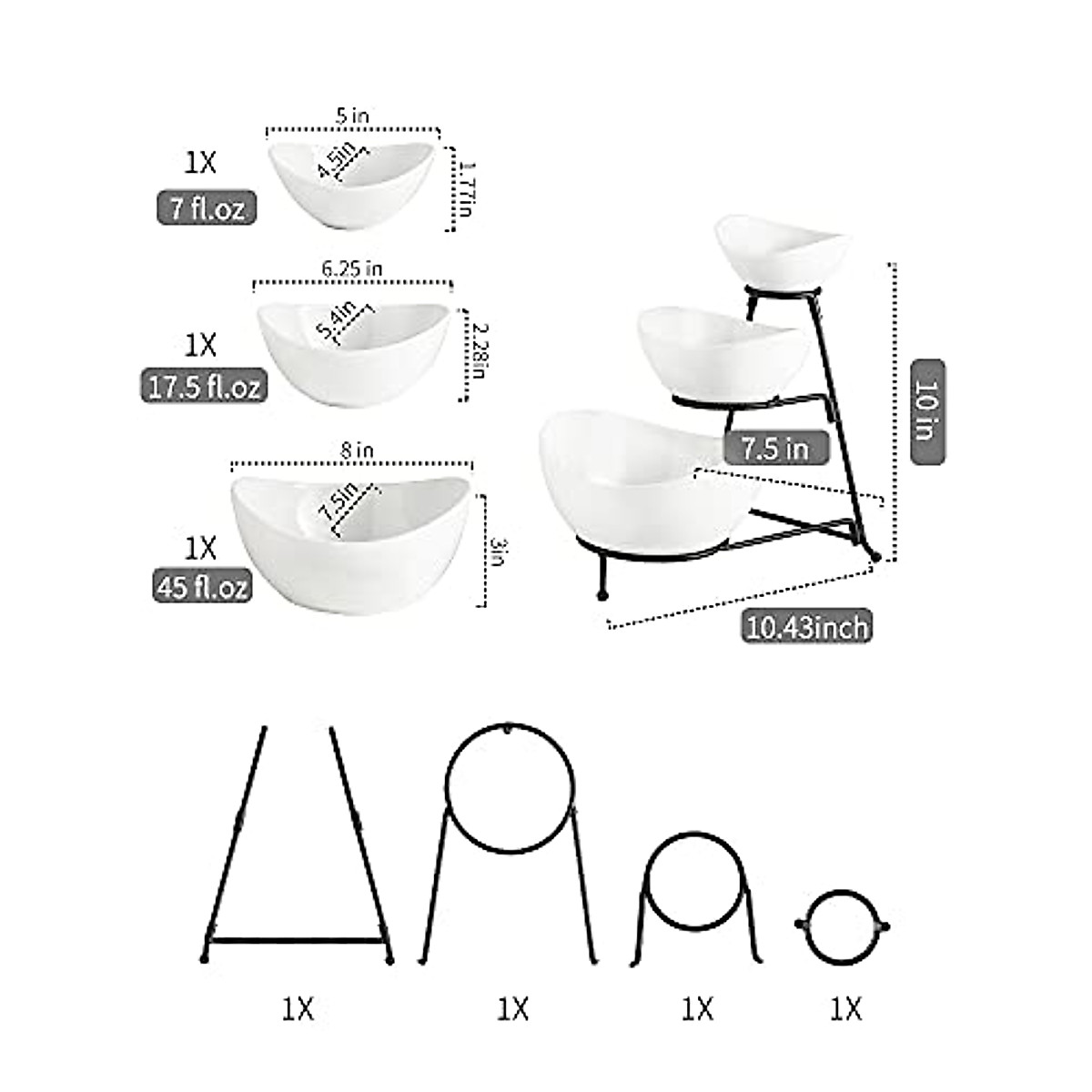 YHOSSEUN 3 Tier Serving Stand Tiered Oval Bowl Stand with 3 Oval Porcelain Serving Bowl Set with Collapsible Thicker Sturdier Metal Rack (Black)