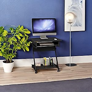 ALISENED Computer Desk for Small Spaces,23.6" Z-Shaped Compact Study Table with Smooth Keyboard Tray,with Wheels and Bottom Shelves for Home Office，Computer Cart Mobile Laptop Cart