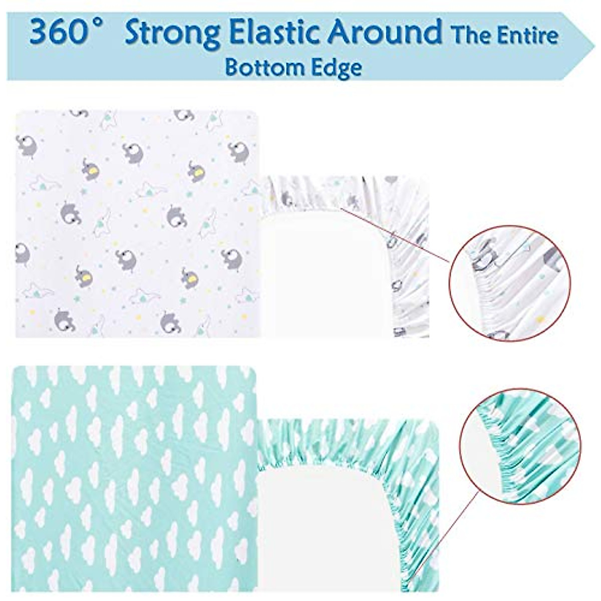 Crib Sheets Neutral, 2 Pack Fitted Crib Sheets Set, Printed Crib Sheets for Boys and Girls, Soft and Breathable Silky Microfiber Baby Sheet Fits Standard Crib and Toddler Mattress, Elephant & Clouds