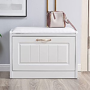 SoOSSN Leather Upholstered Entryway Bench Seat Shoe Storage Organizer,Modern Home Shoe Bench with Hidden Shoe Shelf,Premium Shoe Cabinet Shoe Rack Bench (Color : White, Size : 26x12x18inch)
