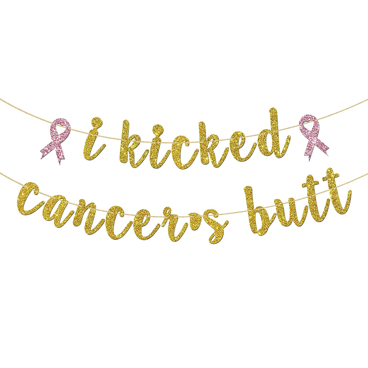 INNORU I Kicked Cancer's Butt Banner, Cancer Surviving Party Decorations, Pink Ribbon Hope, Cancer Theme Party Decoration Gold Glitter