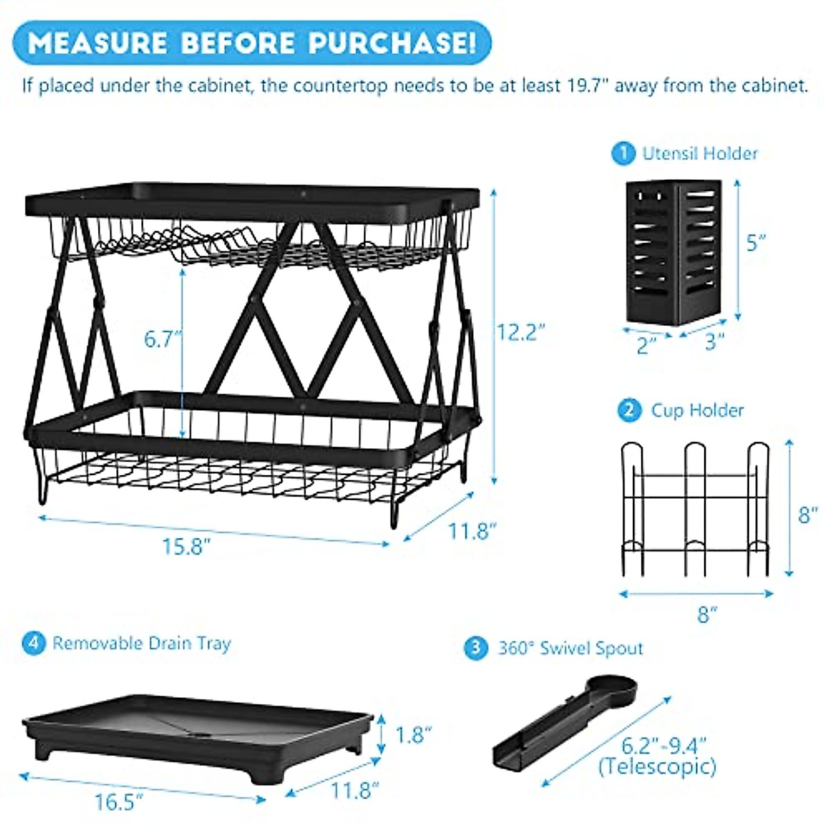 VOGWOLTH Dish Drying Rack, 2 Tier Collapsible Dish Drying Rack with Drainboard for Kitchen Counter Plate Holder Dishes Drainer Dryer Dishrack Dry Stand Folding Countertop Organizer Accessories
