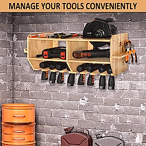simesove Large Power Tool Organizer,Cordless Drill Holder Storage with 9 Tool Organizer Slots,Wall Mount Screwdriver and Circular Saw Storage,Solid Wooden Drill Charging Station for Garage,Father's Day Gifts