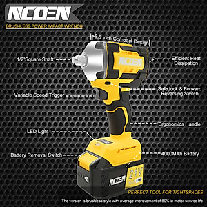 NCOEN 650N.m Cordless Impact Wrench 480Ft/lbs Brushless 1/2 Impact Gun Variable Speed 2800RPM Upgraded 3 in 1 High Torque Impact Drill 2x 4.0Ah Battery Charger 4 Sockets with Storage Bags