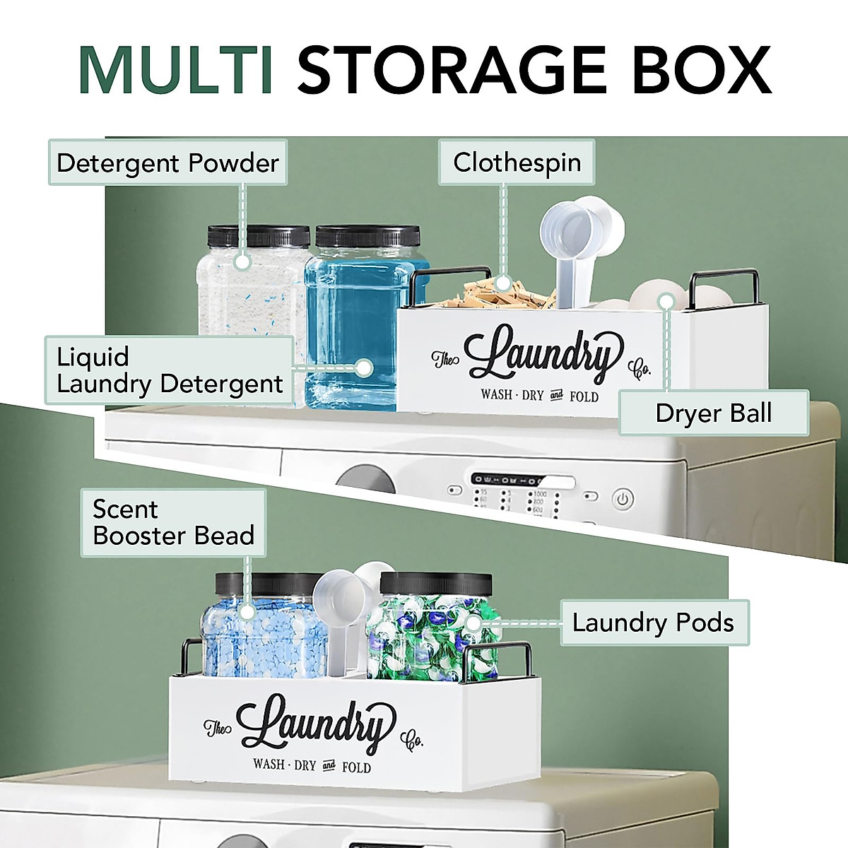 Laundry Pods Container for Laundry Room Organization, Laundry Detergent Dispenser with 2 Plastic Jars and 2 Scoops, Scent Booster Container Storage Box, Laundry Pod Holder for Laundry Room Decor