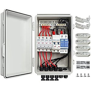 EXCELFU 4 String PV Combiner Box for Solar, with Lightning Arreste & 15A Rated Current Fuse and 63A Circuit Breaker, IP65 Waterproof Solar Combiner Box for On/Off Grid Solar Panel System