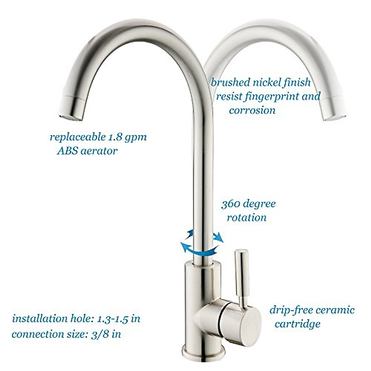 Comllen Brushed Nickel Single Hole Bar Sink Faucet, Modern Stainless Steel Single Handle Bar Faucet Brushed Nickel, 360 Degree Swivel Hot and Cold Outdoor Kitchen Sink Faucet