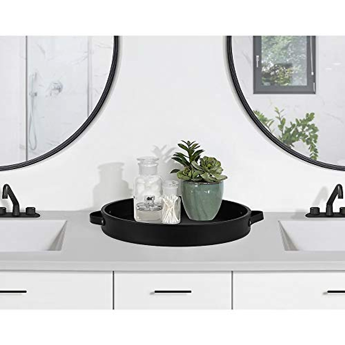 HofferRuffer PU Leather Round Tray, Serving Tray with Handles, Decorative Catchall Vanity Tray, Coffee Tray, Faux Leather Ottoman Tray for Home Or Office, Diameter 14.6-inch (Black)