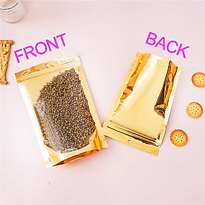 100 Pack Smell Proof Bags with Clear Front Window, 4 x 6 Inches Resealable Stand Up Food Storage Bags Packaging Foil Mylar Pouches for Small Business, Foods, Party Favors (Gold (4x6+2.4 inch)