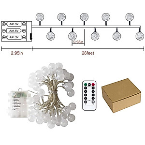 Metaku Globe String Lights Fairy Battery Operated 26ft 60LED with Remote Waterproof Indoor Outdoor Hanging Decorative Christmas for Home Party Patio Garden Wedding