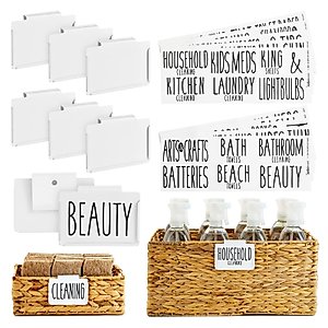 Talented Kitchen 8 Pack Metal Basket Labels Clip On Holders with 70 Household Labels for Storage Bins, Bin Clips Label Tags for Organizing Home, Bathroom, Linen Closet (White)