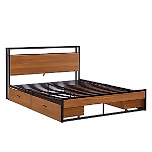 Banemi Queen Bed Frame with Drawers, Queen Size Platform Bed Frame Black Metal Bed Frame with Four Drawers Sockets and USB Ports Slat Support