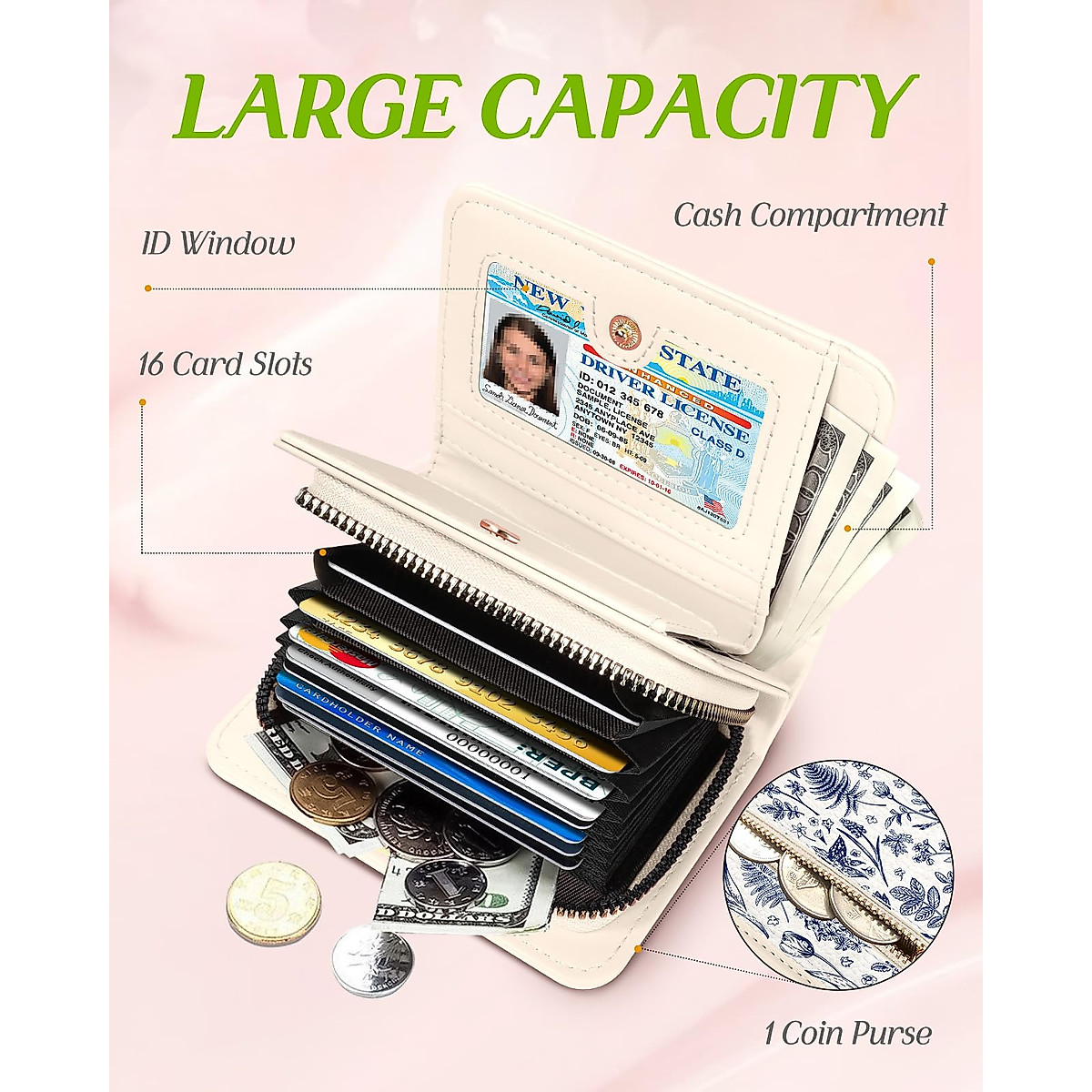 Bistup Credit Card Holder Wallet for Women - Cute Leather Ladies Teen Girls Female Cardholder Wallets Accordion Purse Small Medium Aesthetic Print Blue Floral Unique Modern Rfid Zipper Around