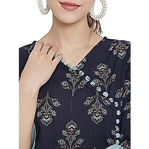 Yash Gallery Women's Cotton Floral Print A-line Kurta Pant Set (Blue)