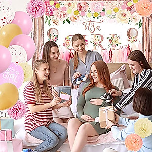 Baby Shower Decorations for Girl,Floral Theme Girl Baby Shower Balloons,It Is A Girl Backdrop Sign for Pink Baby Shower Party Supplies