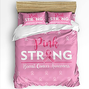 Yukro Duvet Cover Set Queen Size, Breast Cancer Awareness Pink Ribbons Pattern Soft 4 Pieces Bedding Set with Comforter Cover, A Pair of Pillowcases and Fitted Sheet for Bedroom Decor