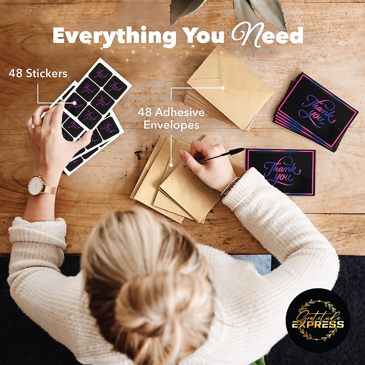 Gratitude Express Thank You Cards With Envelopes - With 48 Cards for Any Occasion, 48 Brown Envelopes, 48 Stickers