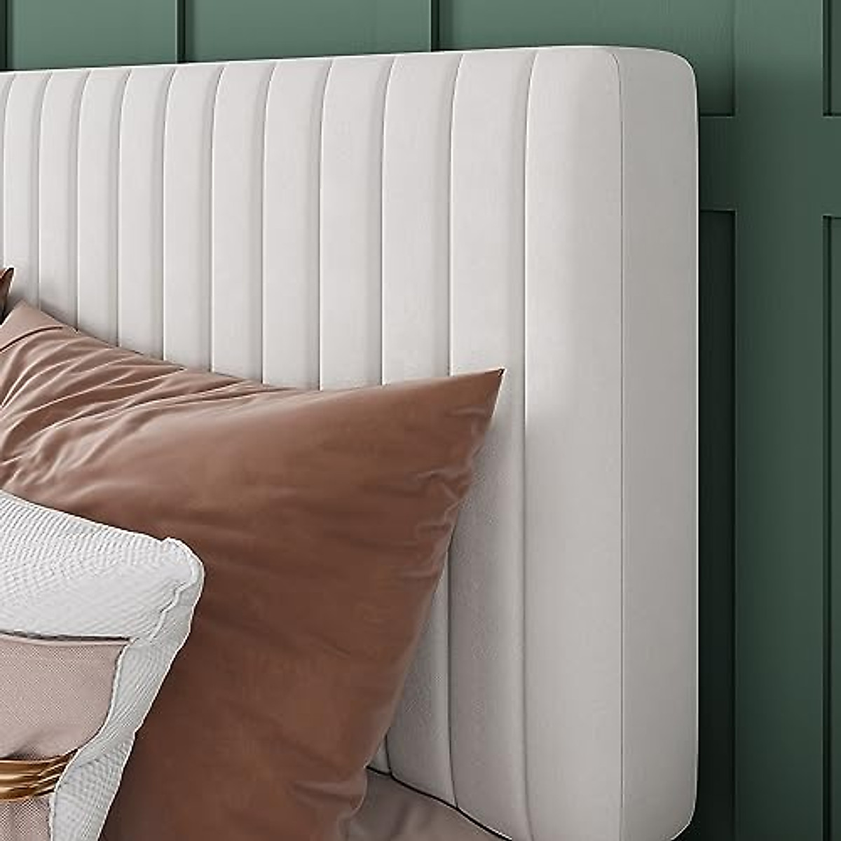 Allewie Full Bed Frame, Velvet Upholstered Platform Bed with Adjustable Vertical Channel Tufted Headboard, Mattress Foundation with Strong Wooden Slats, Box Spring Optional, Easy Assembly, Off-White