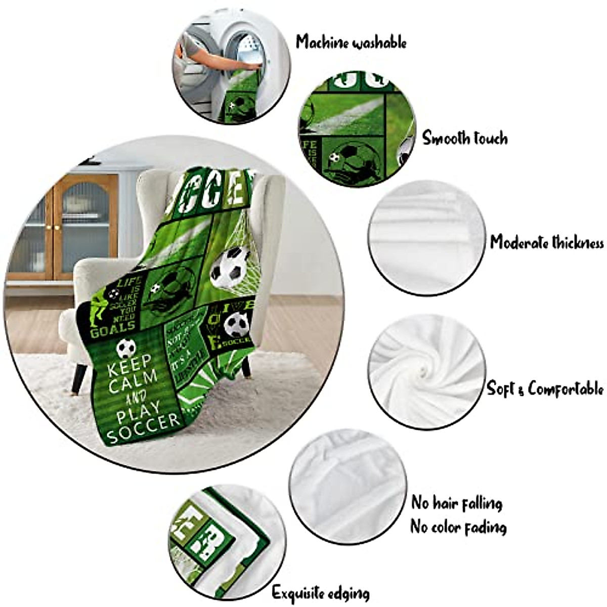 Soccer Throw Blankets Kids Throw Blankets Soccer Soft Flannel Soccer Ball Blanket Green Cozy Fluffy Fuzzy Soccer Lover Gift Blankets for Toddler Boy Men Soccer Team Player Birthday Sofa 40x50 Inch
